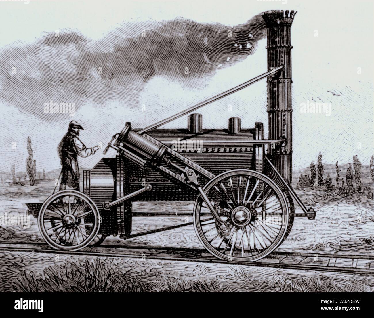 Rocket locomotive. Engraving of the Rocket steam locomotive built by ...
