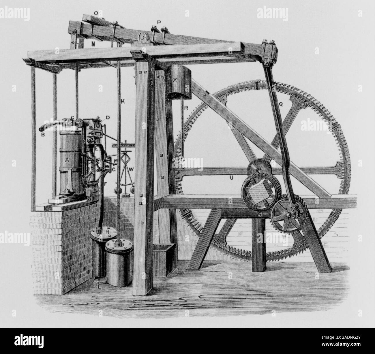 Steam engine. Historical engraving of Old Bess, a steam engine designed ...