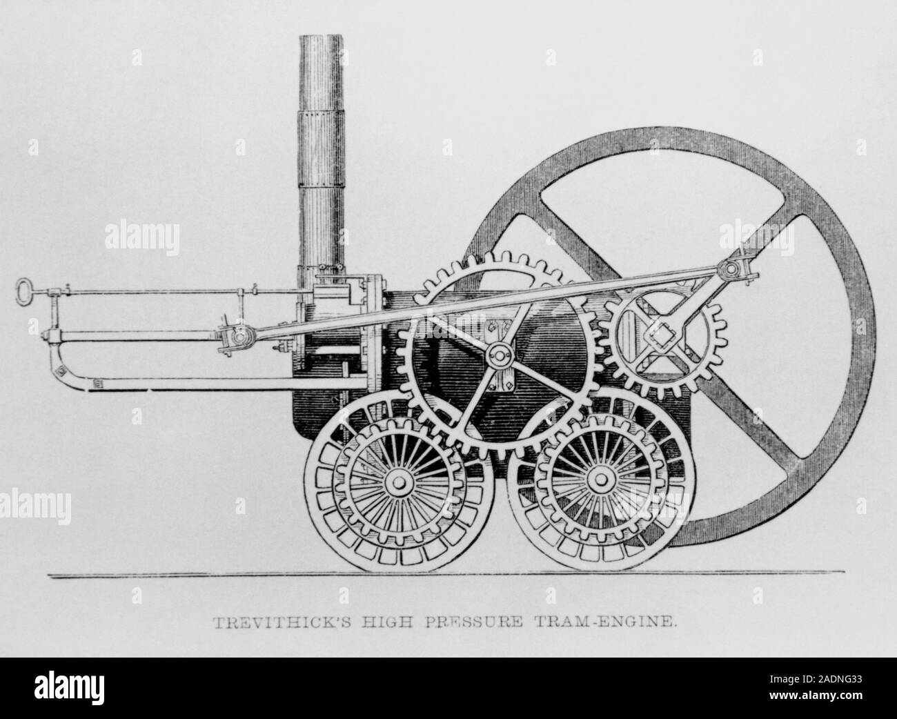 First usable steam train. Historical engraving of the first usable steam train, built in 1804 by ...