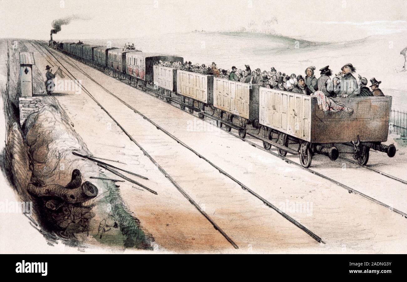 Early French railway. Historical artwork of a steam train on an early ...