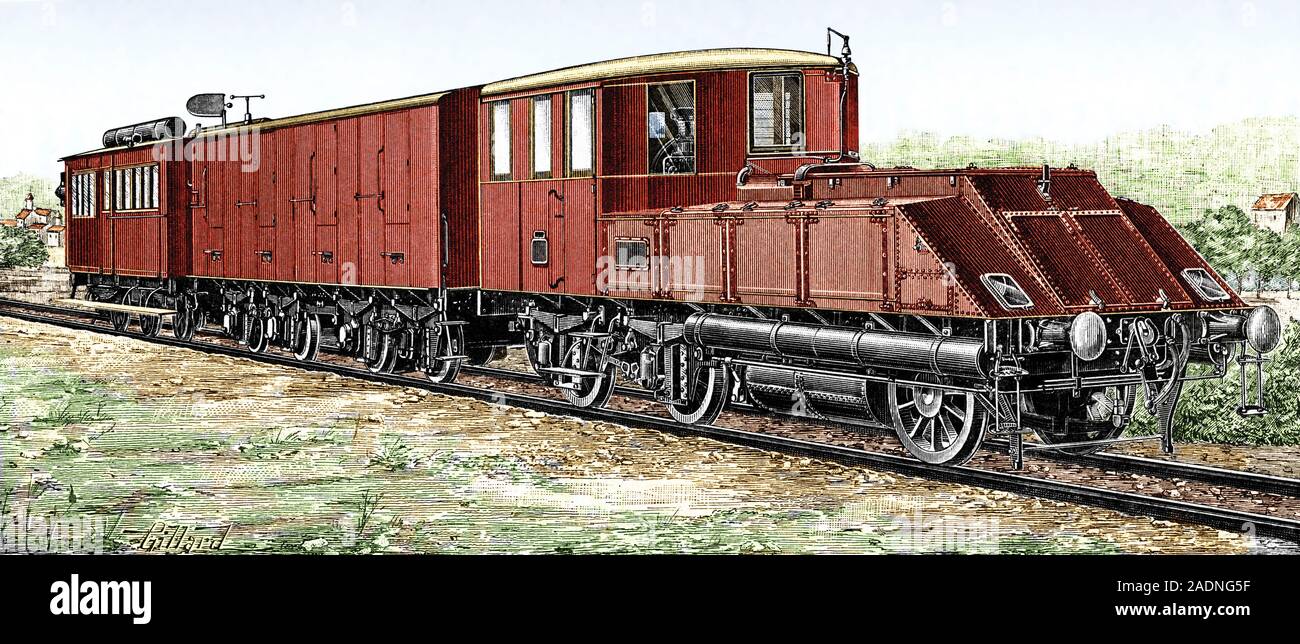 Early electric train. Historical artwork of an early electric train ...