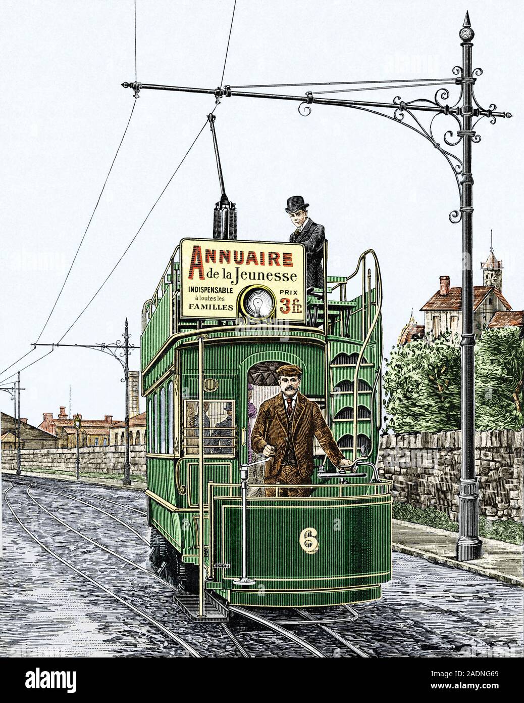 Early electric tram. Historical artwork of an early electric tram used ...
