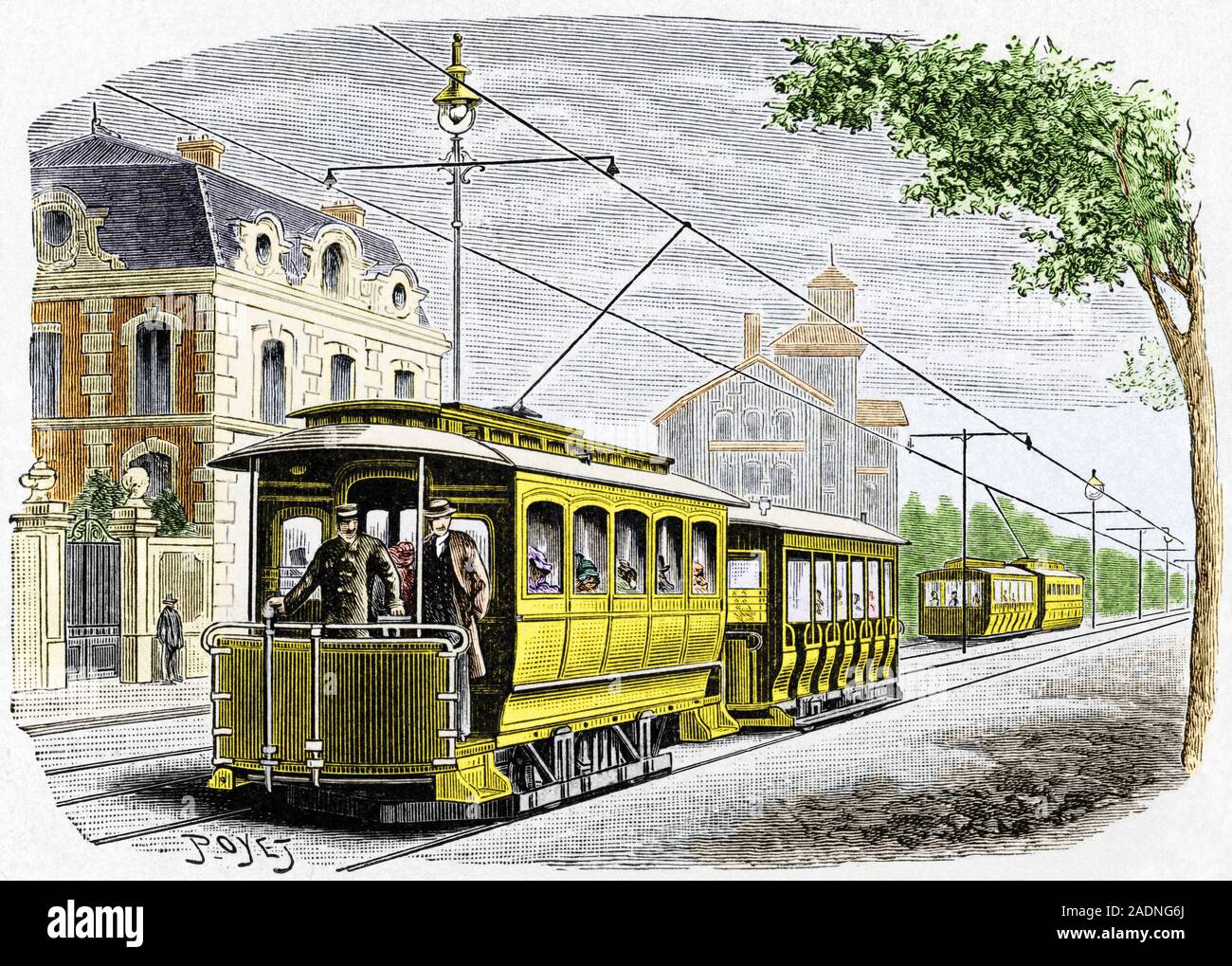 Early electric tram. Historical artwork of an early electric tram used ...