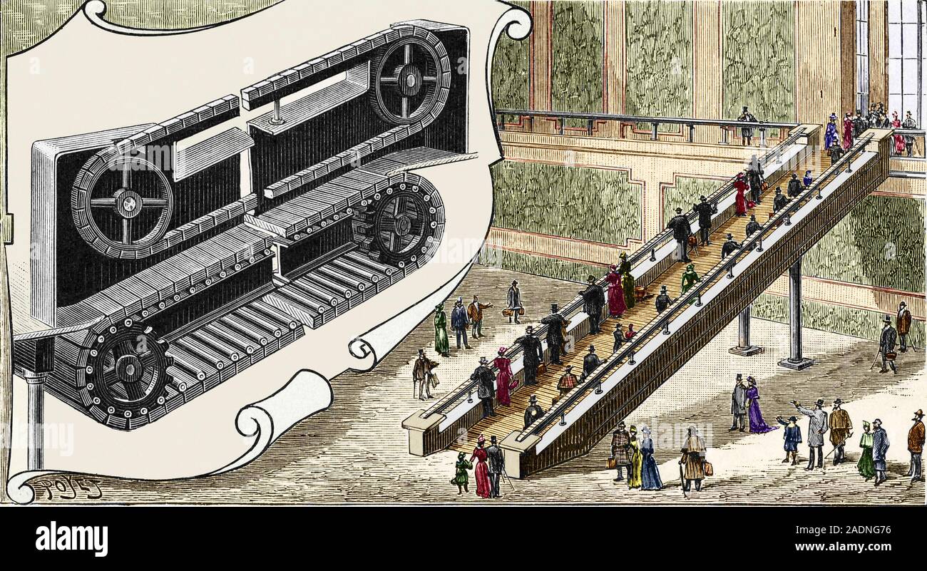 Early escalator. Historical artwork of the design of a proposed 19th ...