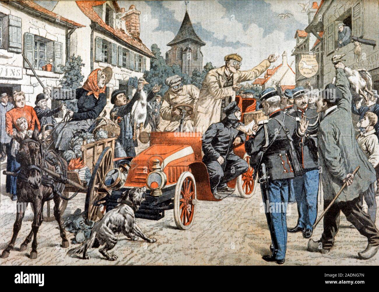 Automobile accident. Artwork from 1904 of an early automobile that has ...