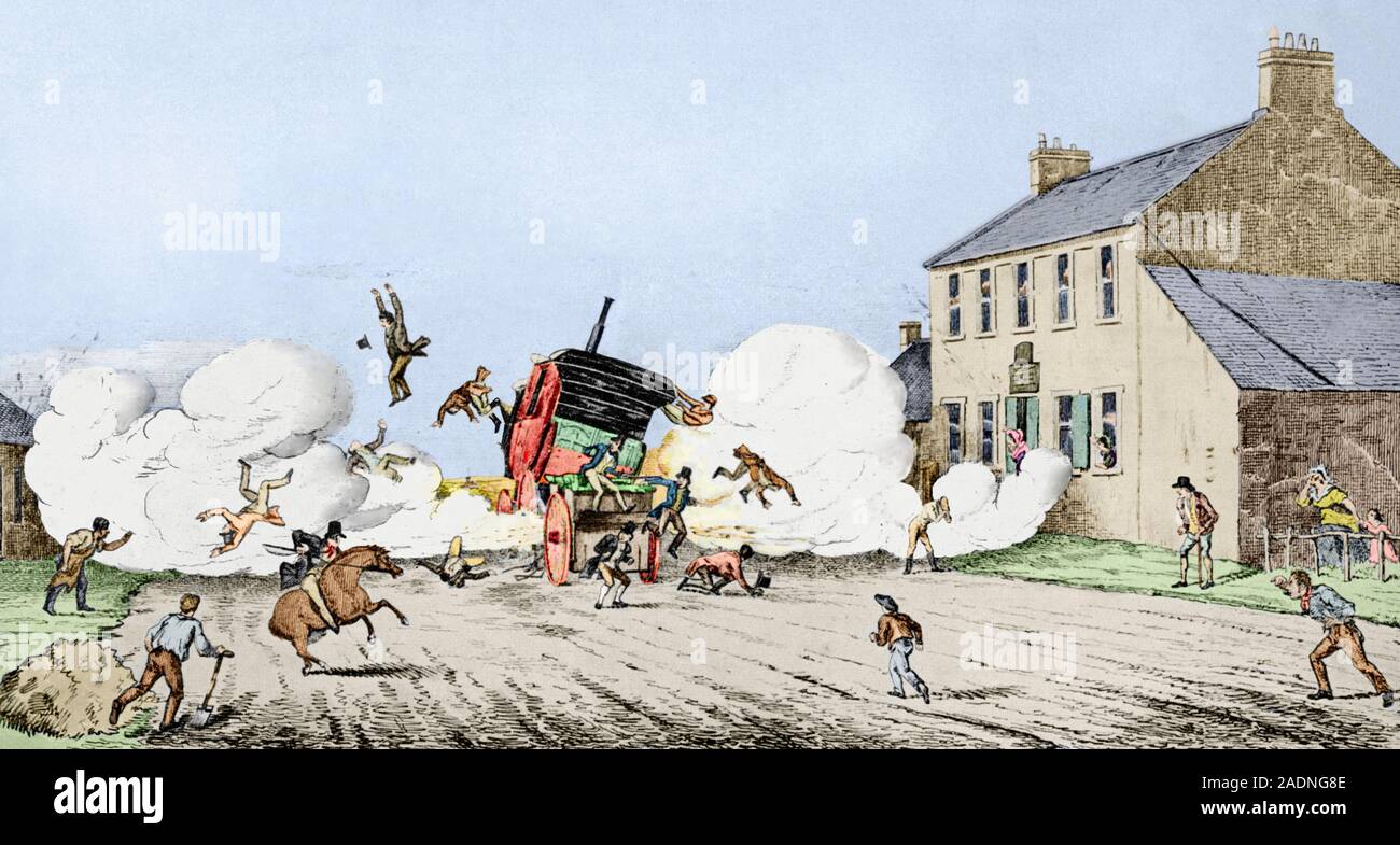 First fatal automobile accident. 19th century artwork of the explosion ...