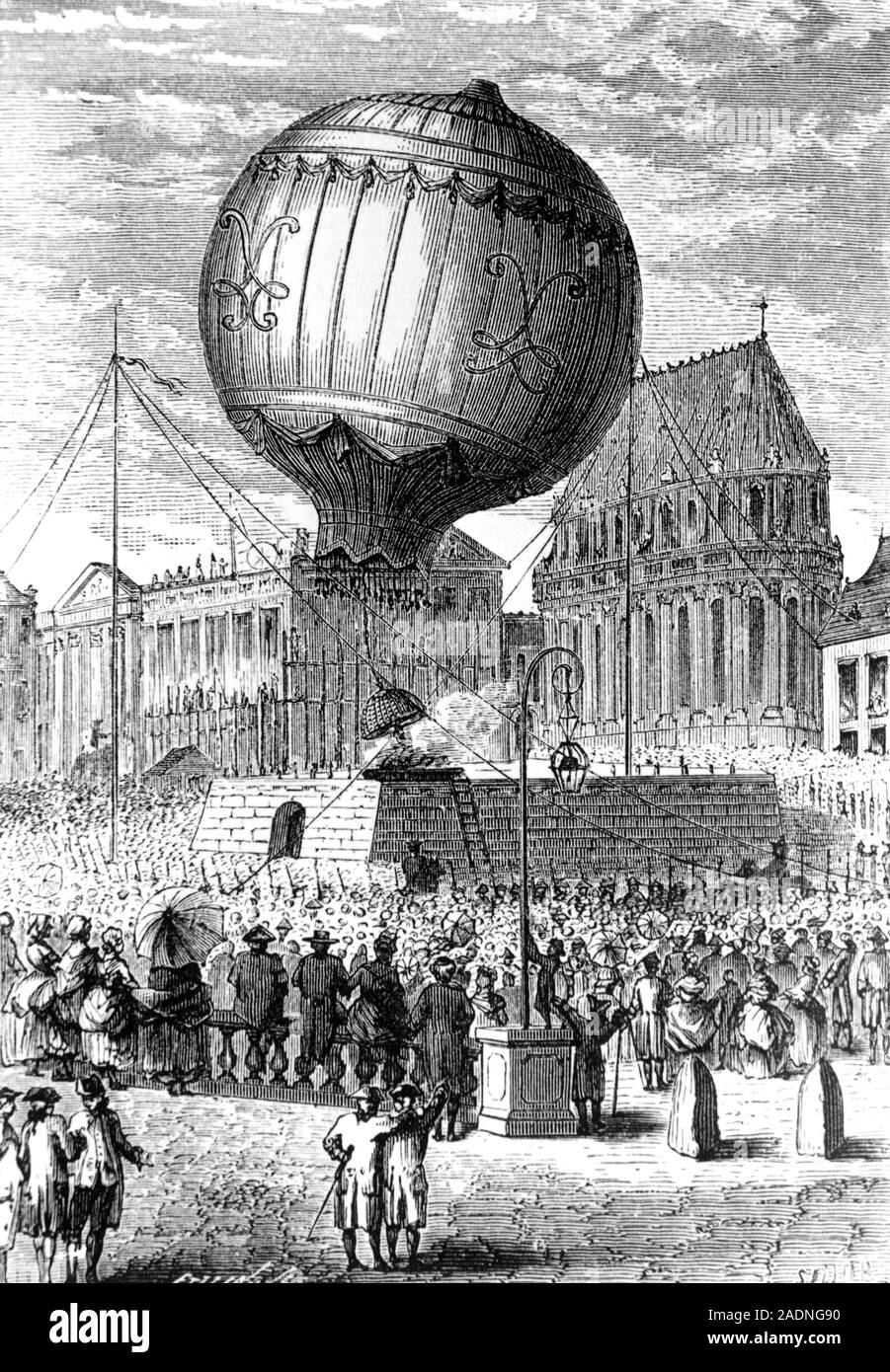 Montgolfiers' balloon. Engraving of a Montgolfier brothers' hot air ...