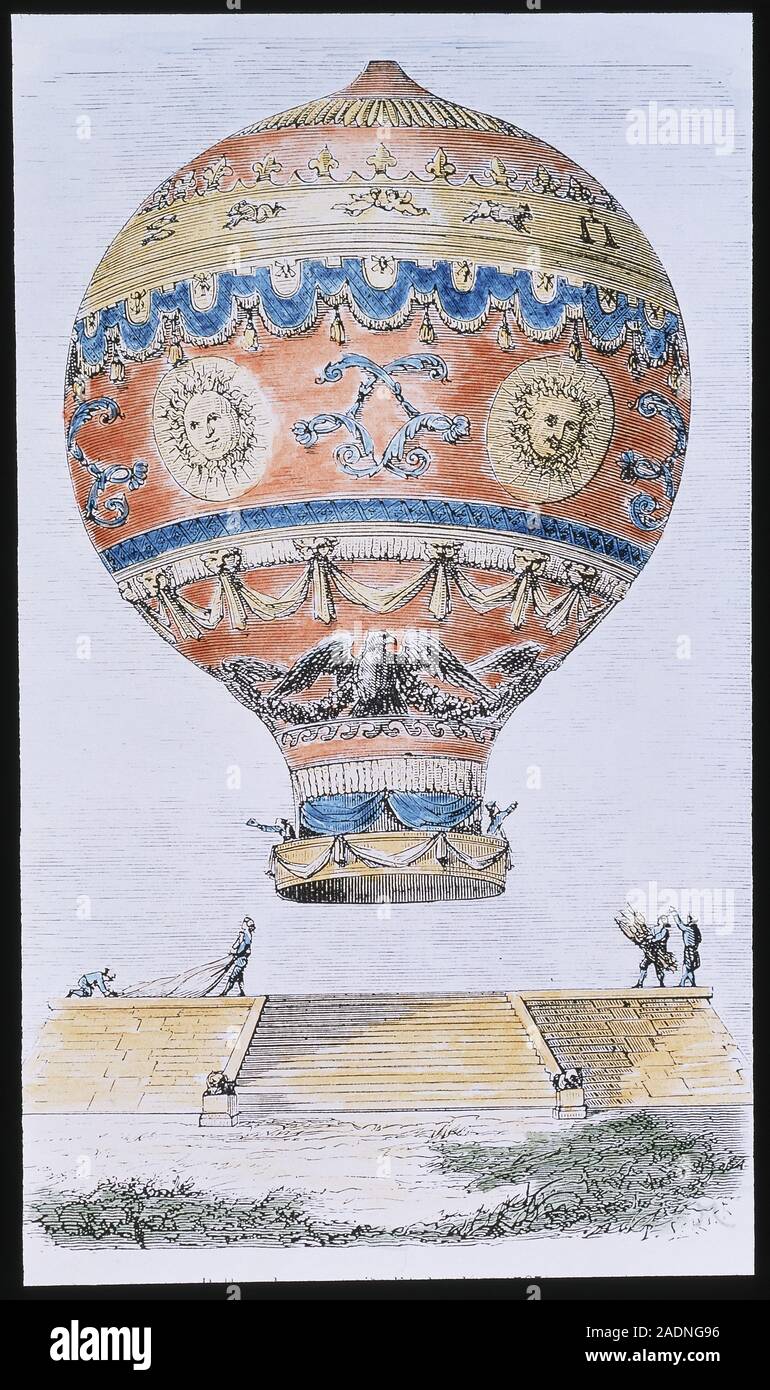 Balloon flight. Engraving of the Montgolfier brothers' hot air balloon ...