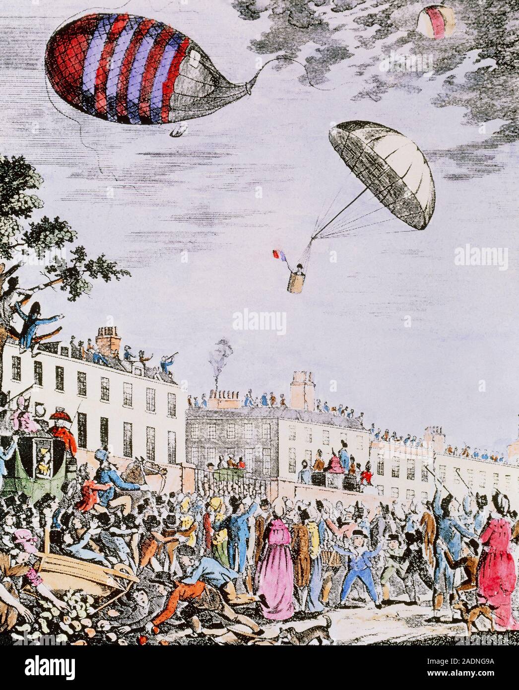 Drawing of the first parachute descent in the UK. The parachute was ...