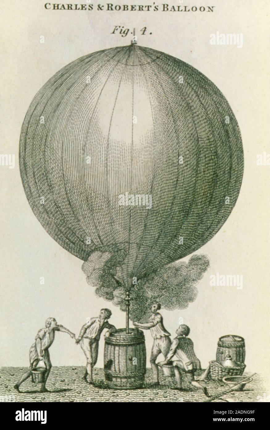 Hydrogen balloon filling. Historical artwork of a balloon being filled ...