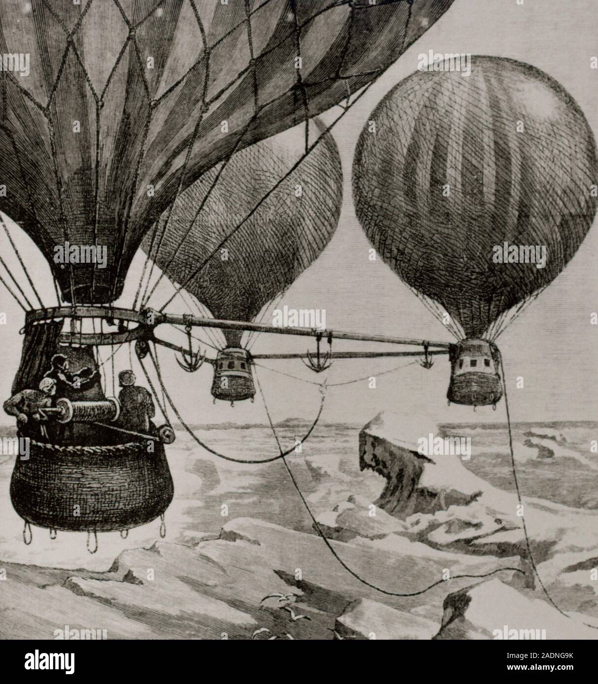 Balloon trio. Engraving of a trio of linked balloons designed to reach ...