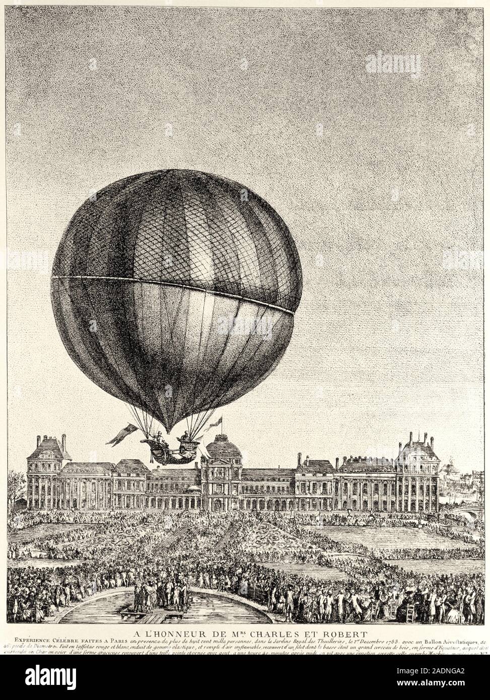 Hydrogen balloon. Historical artwork of the first manned ascent by ...