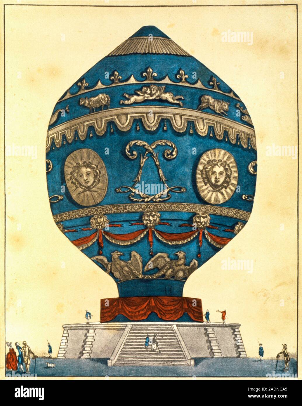 First manned balloon. Coloured historical artwork of preparations for ...