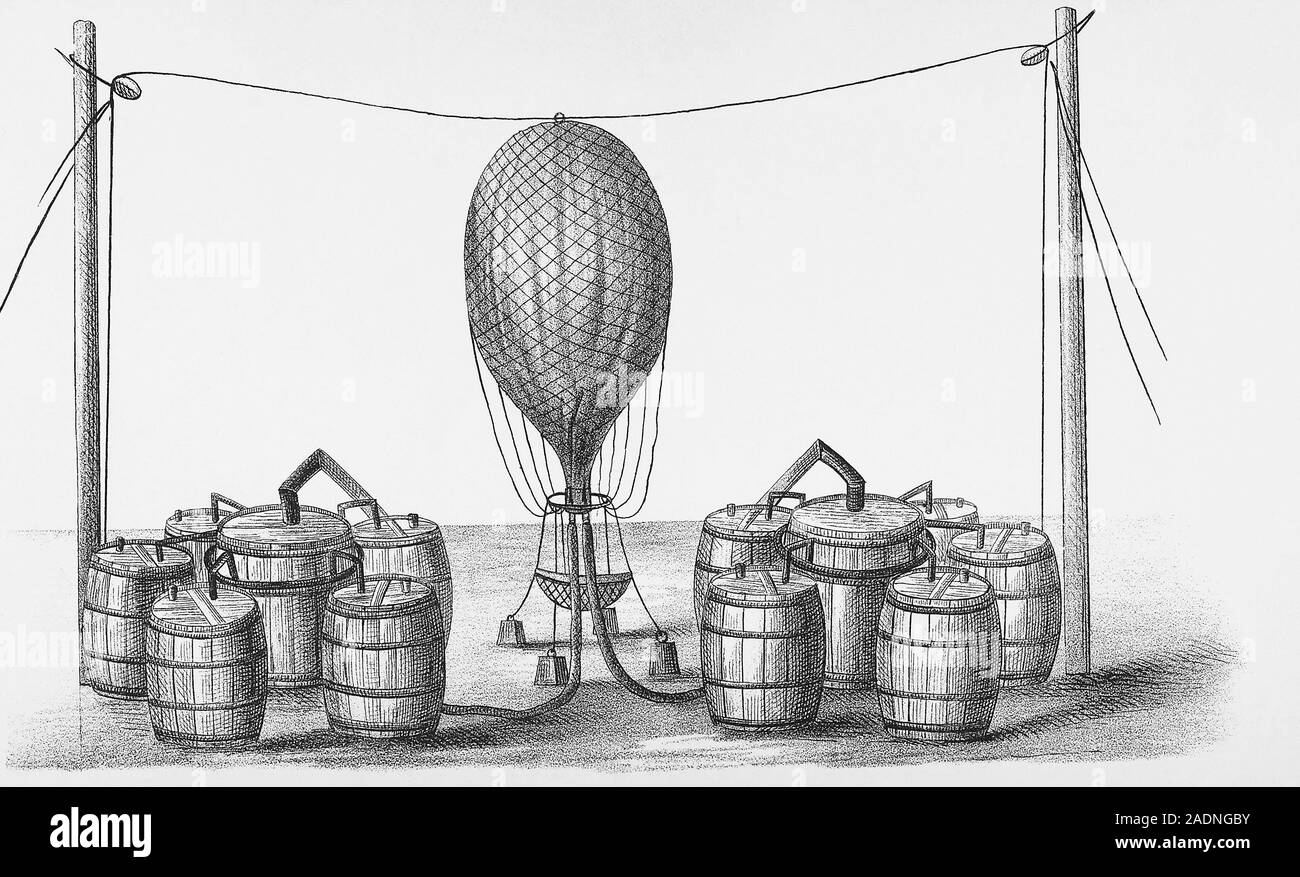 Inflating balloon. Historical artwork of the inflation of a gas balloon ...