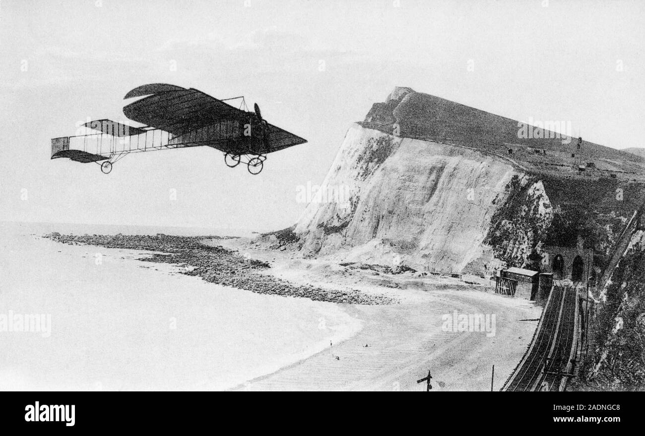 First flight over English Channel, 1909. Postcard of the Frenchman ...