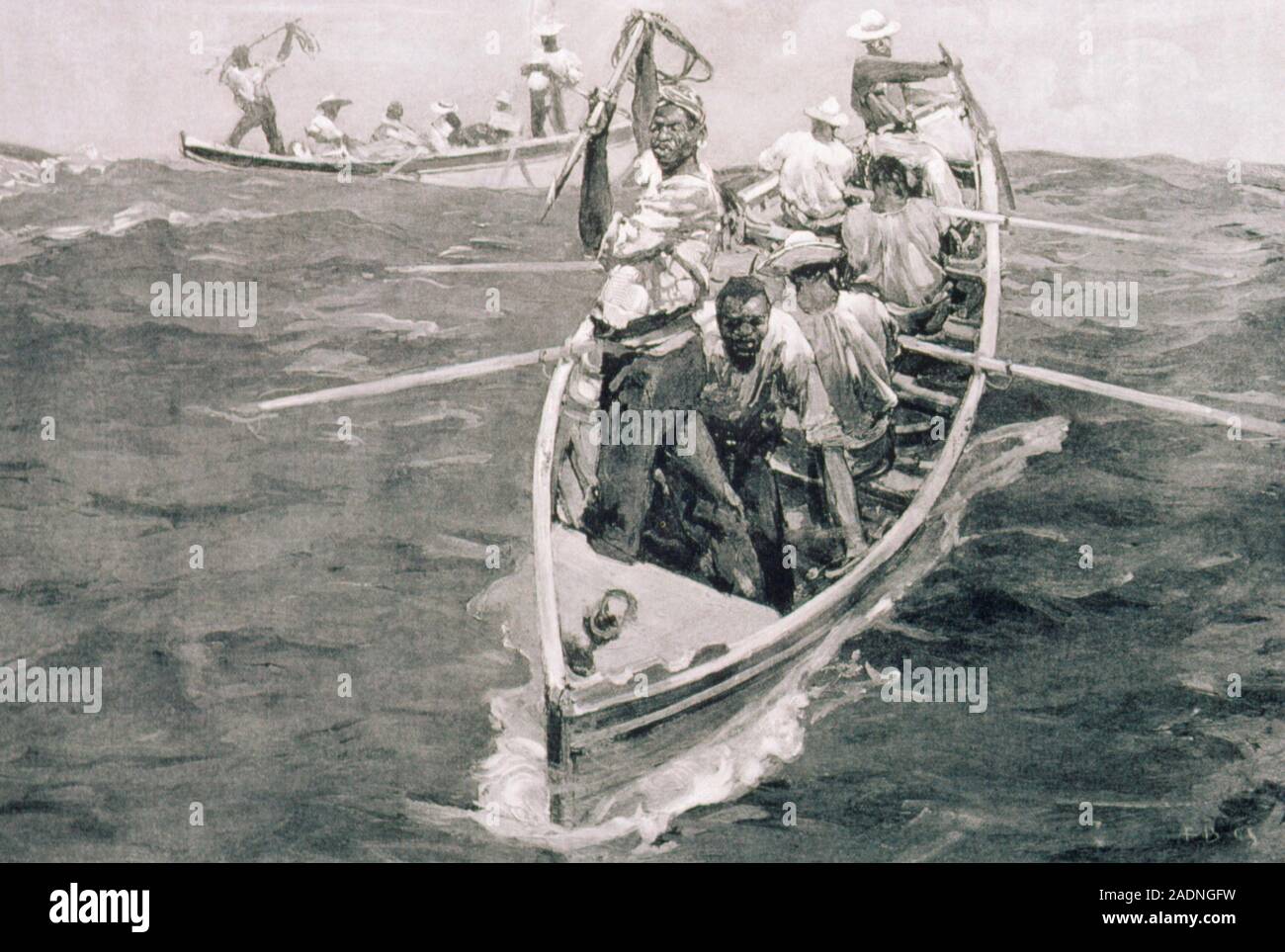 Nineteenth century illustration of manned whaling long-boats with ...