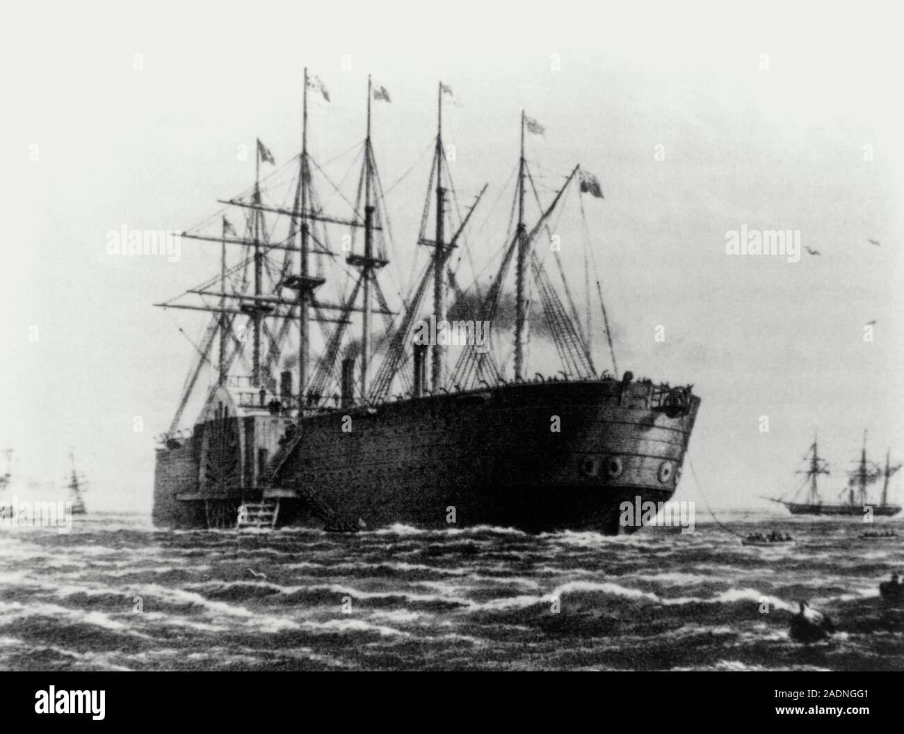 Laying the first Atlantic telegraph cable. The SS Great Eastern seen ...