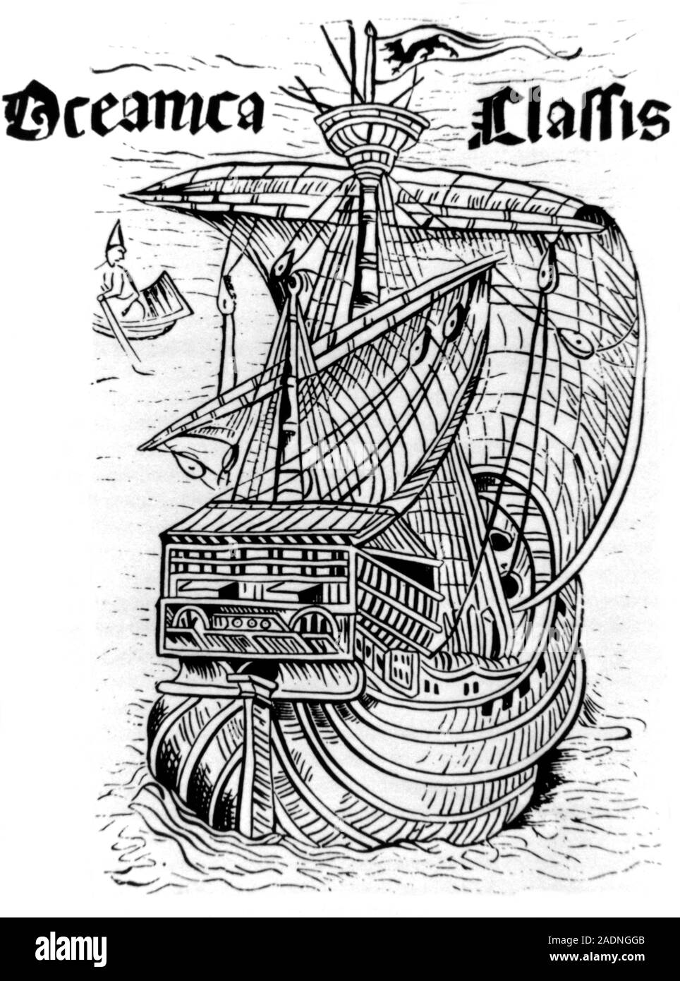 Columbus' ship, the Santa Maria. Woodcut illustration from the book ...