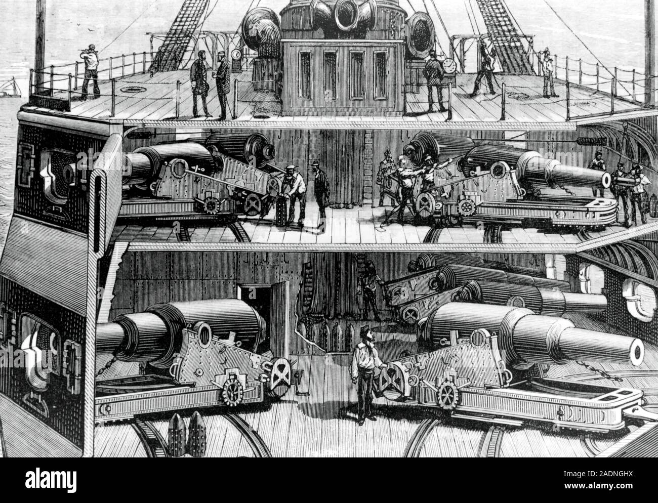 Armoured ship. Engraving of a cut-away view of an armoured ship of the ...