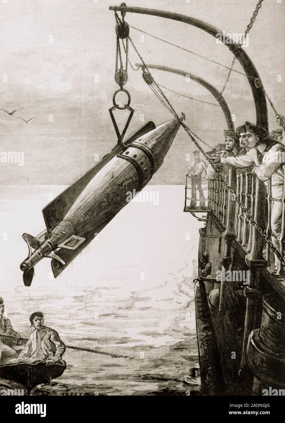 Early torpedo. Engraving of an early torpedo on a winch during trials ...