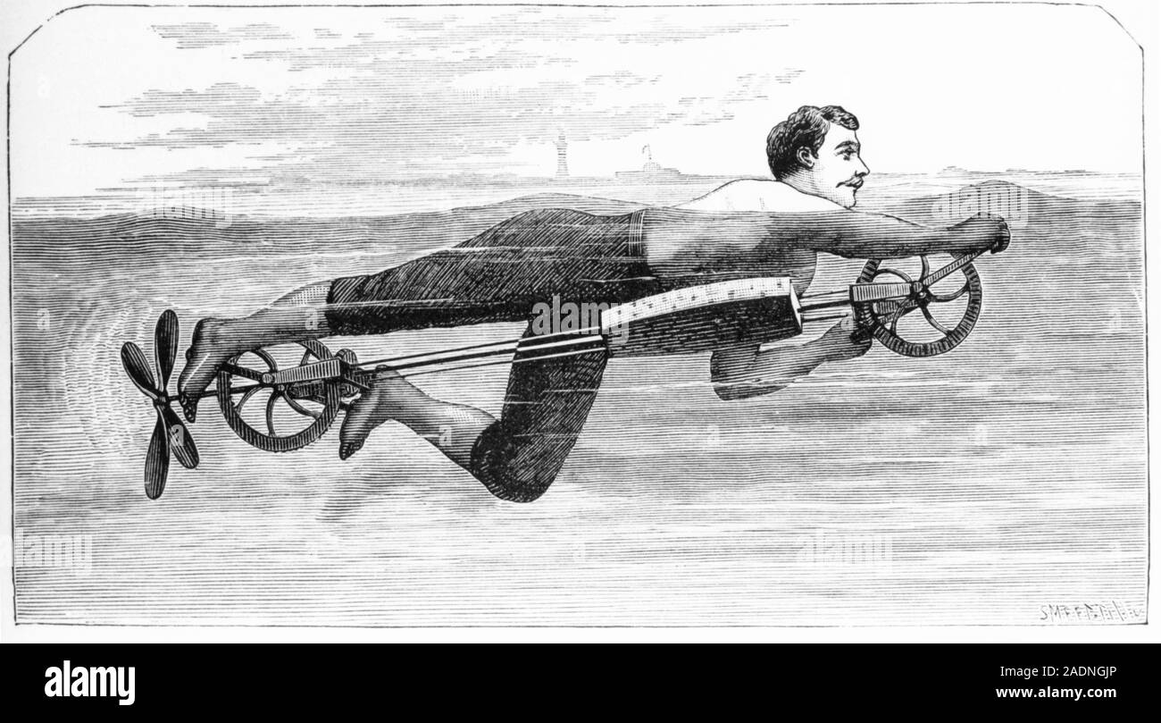 American swimming machine. Historical engraving of a man swimming with ...