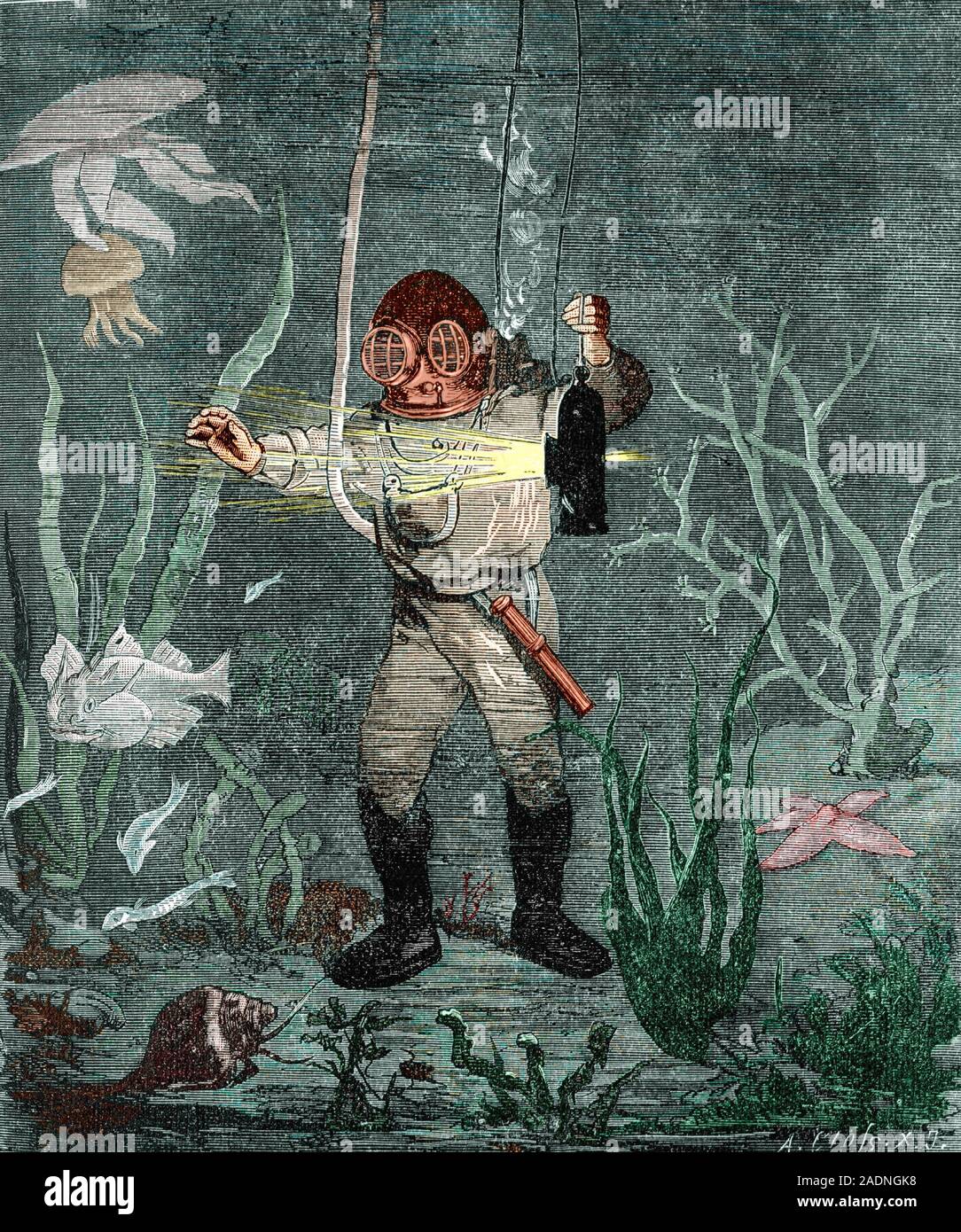 19th century diver. Historical artwork of a diver on the seabed ...