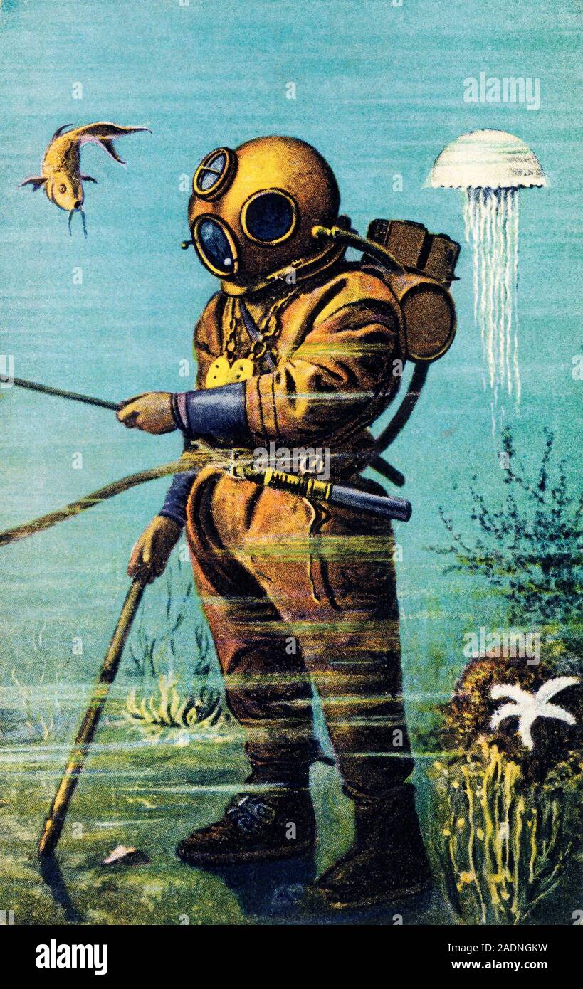 Early 20th century diver underwater, with various sea animals and ...