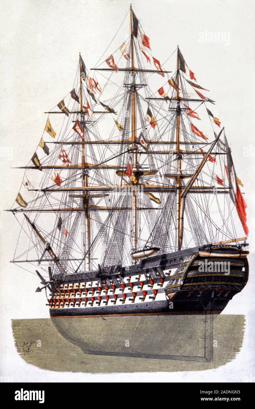 18th century warship, historical artwork. Multiple cannons (on left of ...