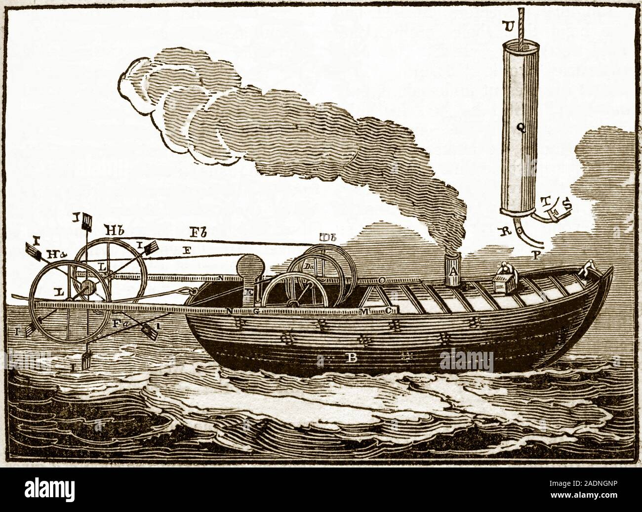 Jonathan Hulls' steamboat, historical artwork. A patent for this steam ...