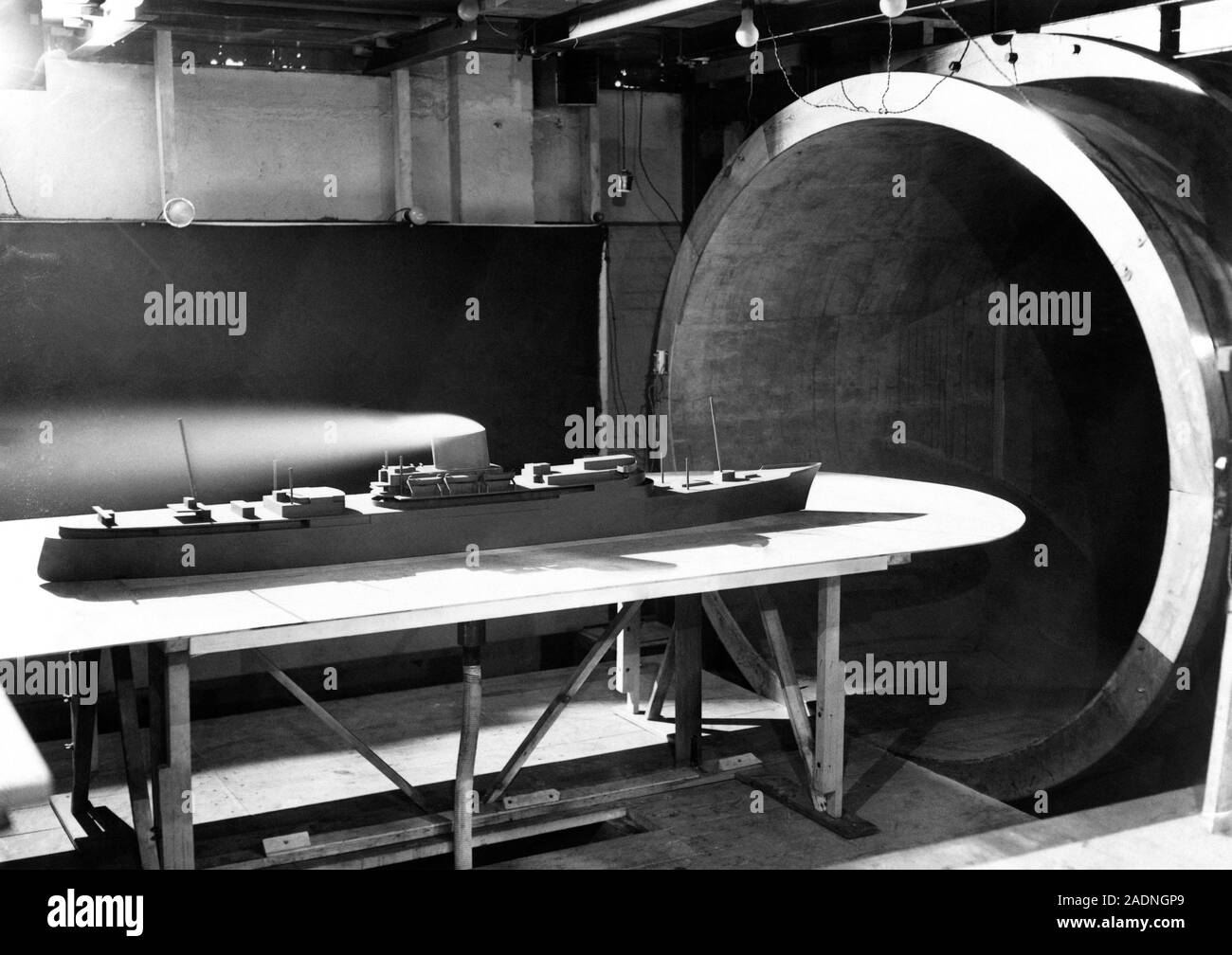 Wind tunnel ship testing. This is a model of a liner being tested in an ...