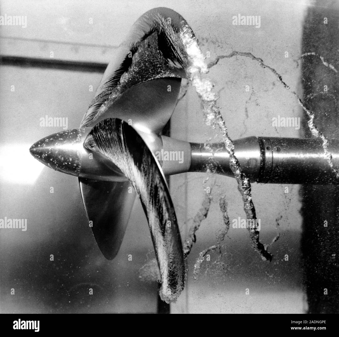 Propeller cavitation. Test being carried out on a propeller to study ...