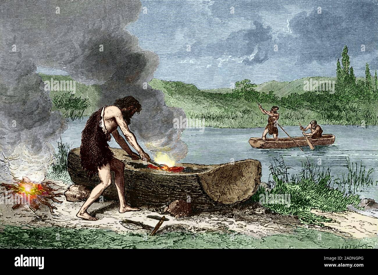 Early humans building and using boats. Coloured artwork of early humans ...