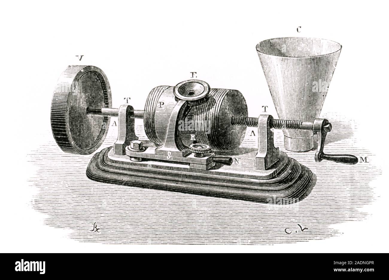 Edison phonograph. Engraving of an early, cylindrical phonograph from ...