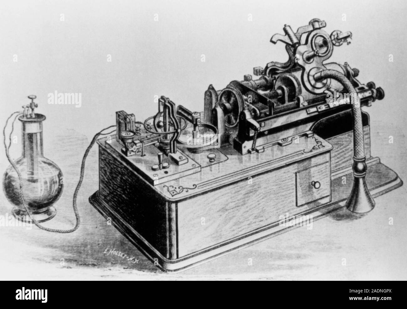 Edison phonograph. Engraving of a battery-powered cylindrical ...