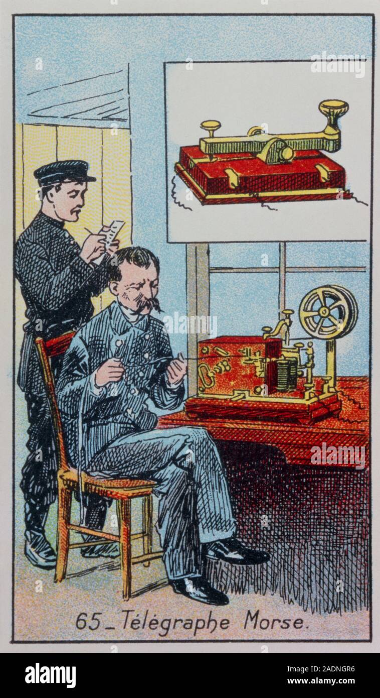 Telegraphy. Artwork of telegraphy communication using Morse code. A ...