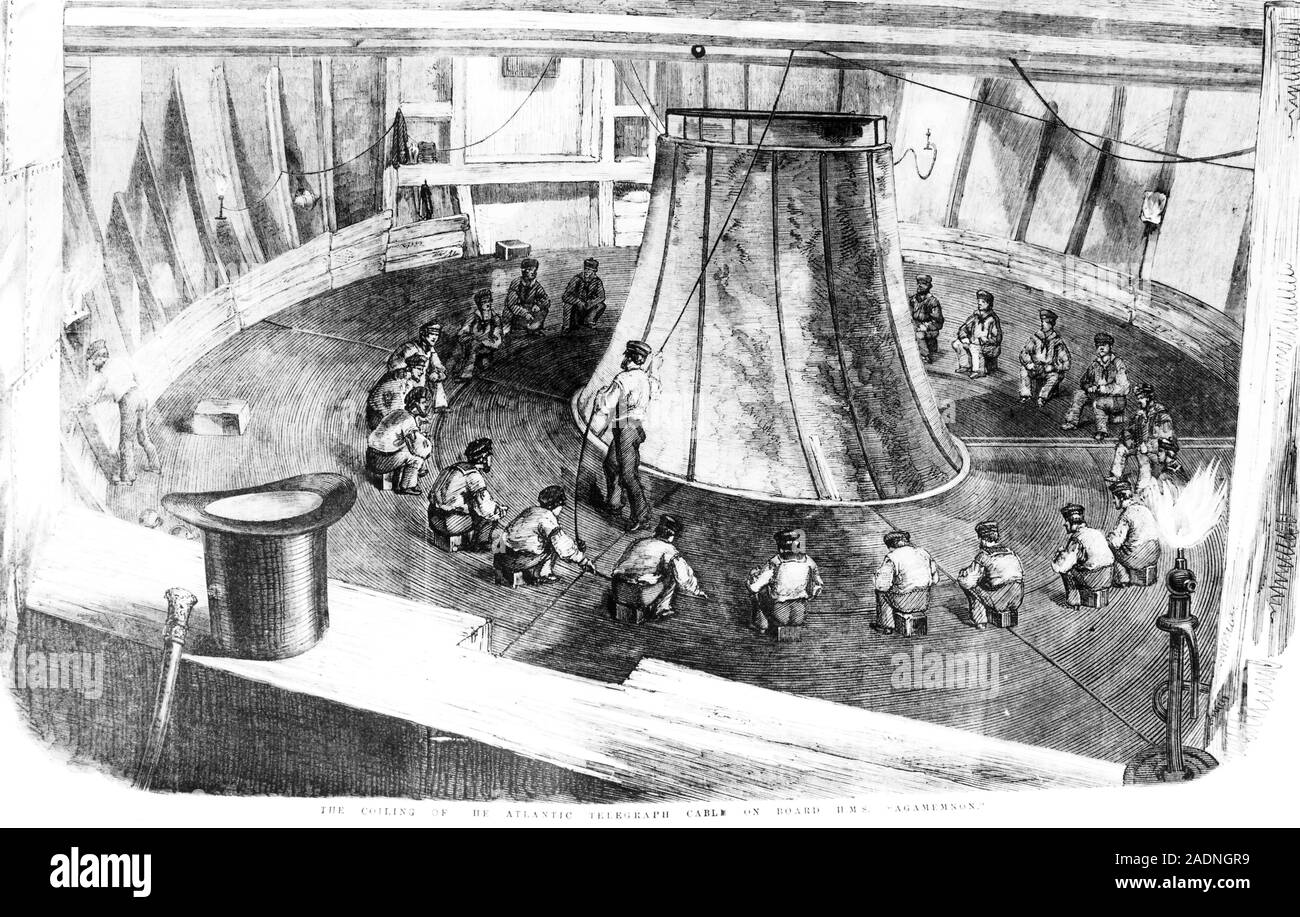 Telegraph cable. Engraving of underwater telegraph cables being ...