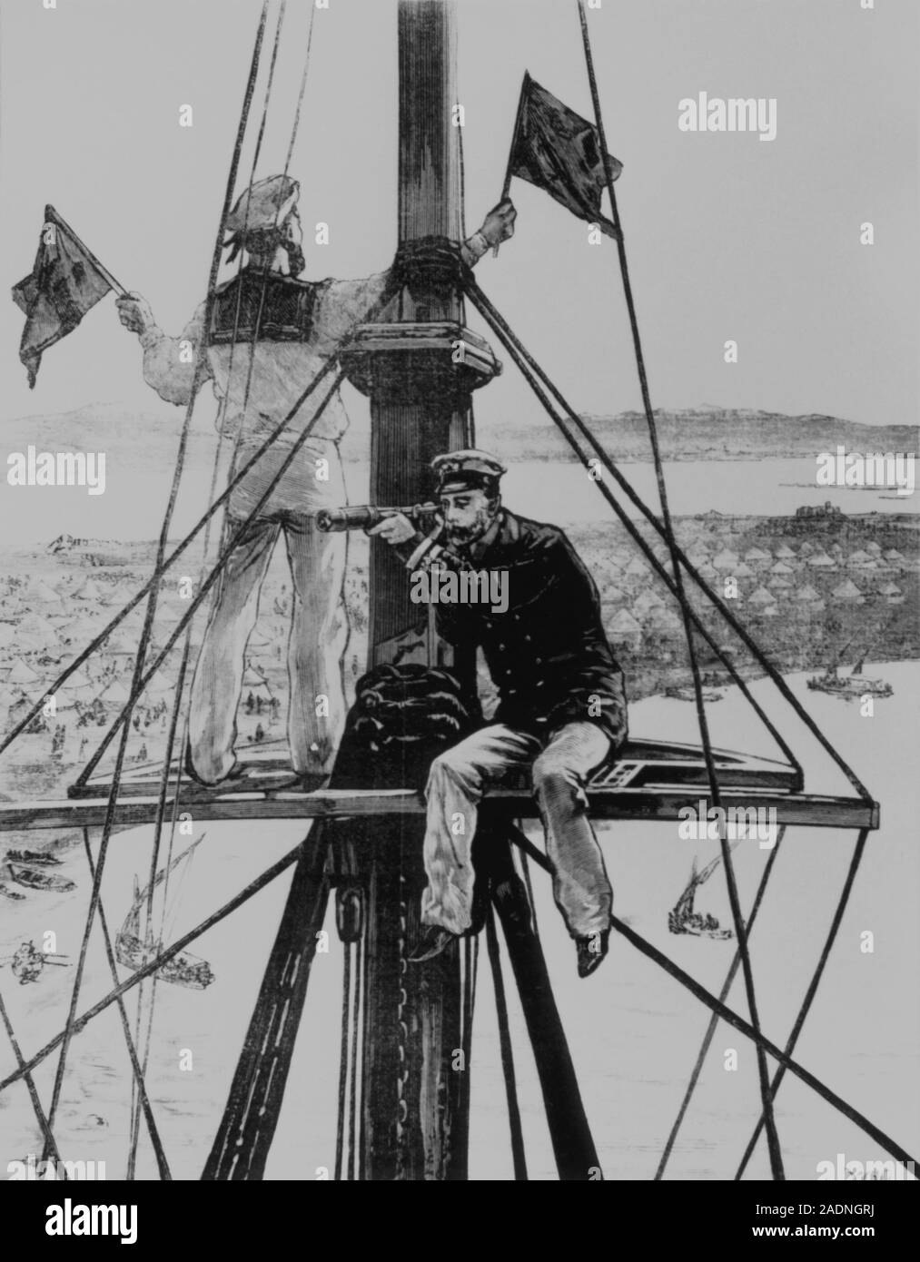 Semaphore. Historical illustration of a sailor (with flags) sending a ...