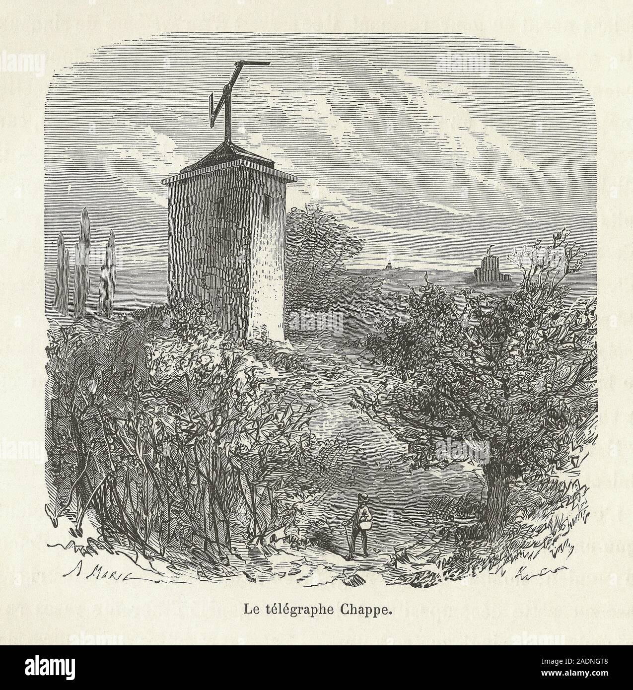 Chappe's semaphore station. Historical artwork of one of the semaphore ...