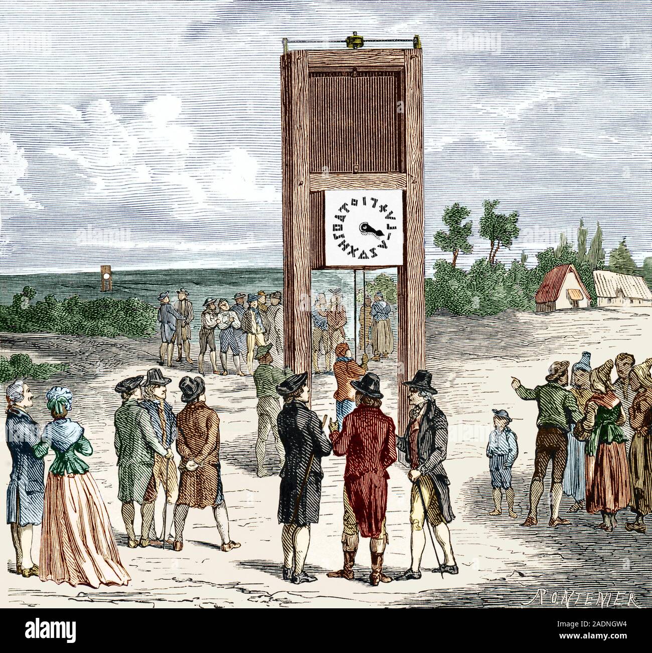 Visual telegraph system. Coloured artwork of the demonstration, in 1791 ...
