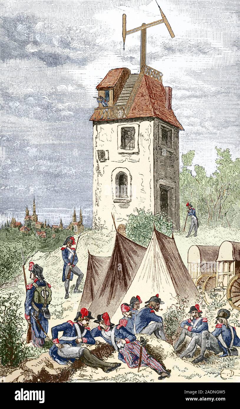 Early telegraph message. Coloured artwork of the 1794 use of a ...