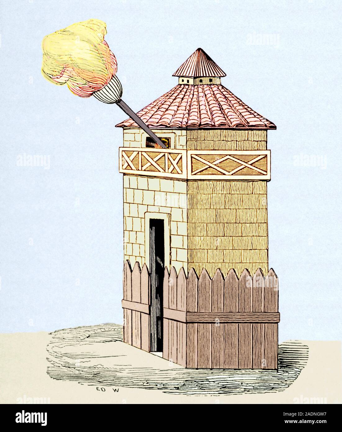 Communication tower. Historical artwork of a Roman communication tower ...