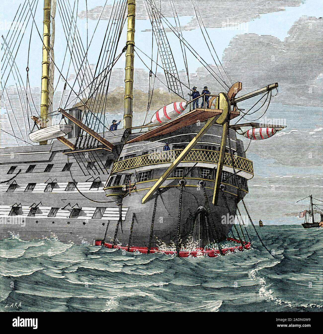 Telegraph cable laying. Historical artwork of the ship 'Agamemnon ...