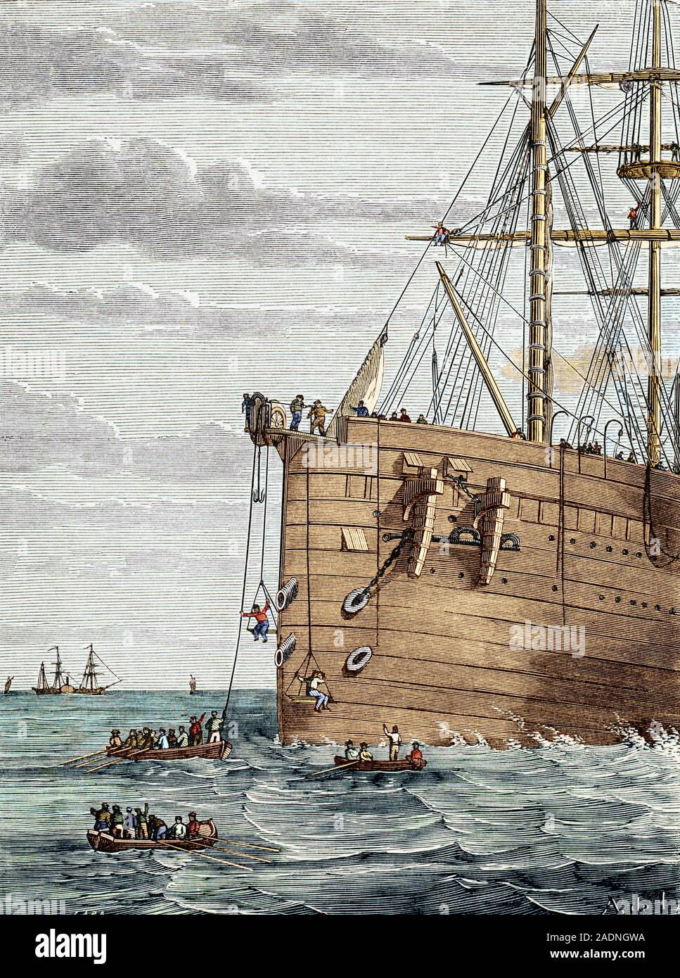 Telegraph cable laying. Historical artwork of men in boats and a ship ...