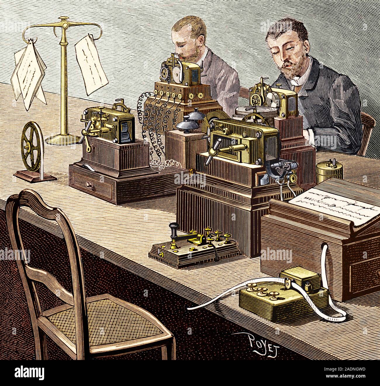 Telegraph system. Historical artwork of operators using a Wheatstone ...
