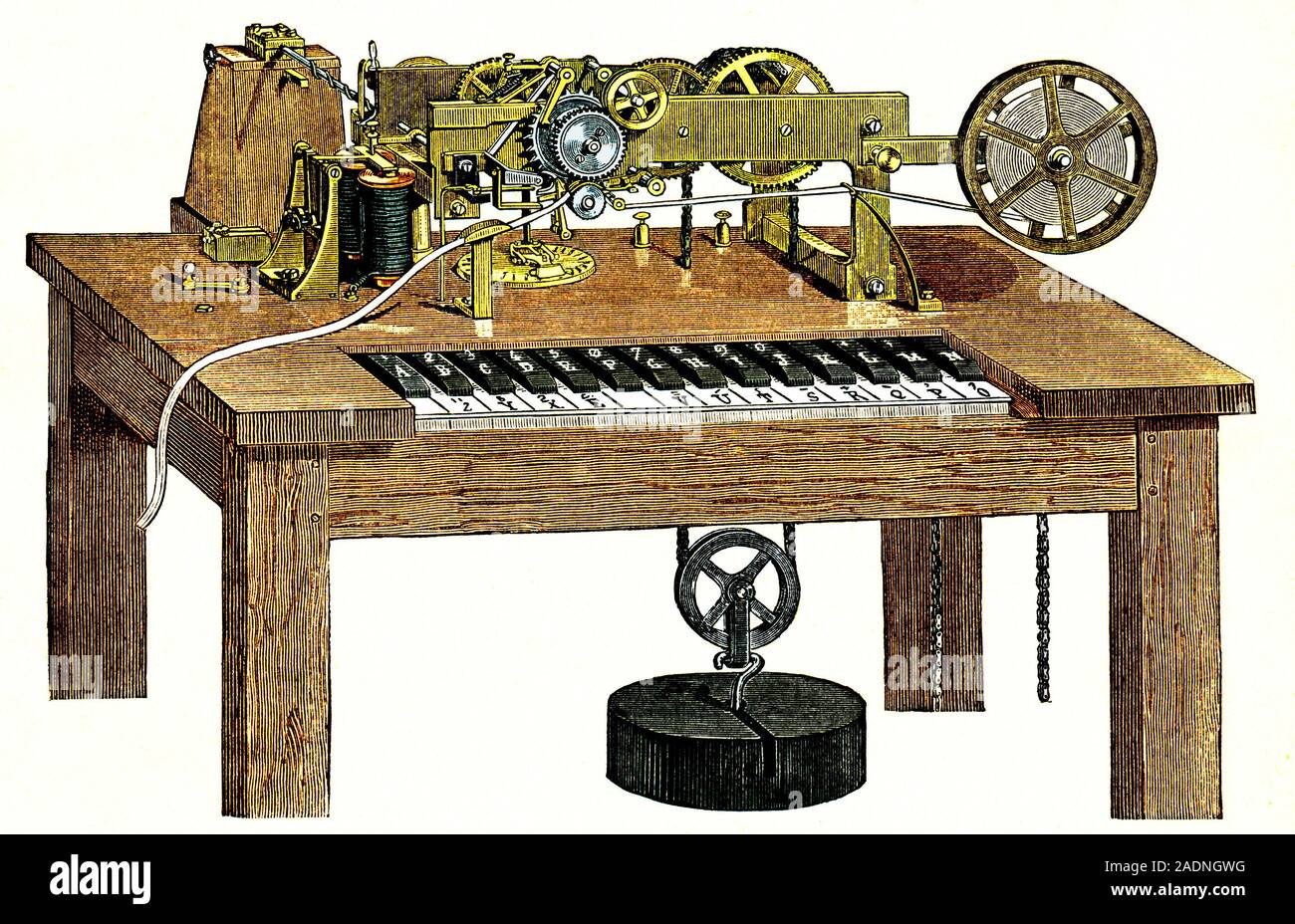 Hughes's printing telegraph, historical artwork. This device was invented in 1855 by the British ...