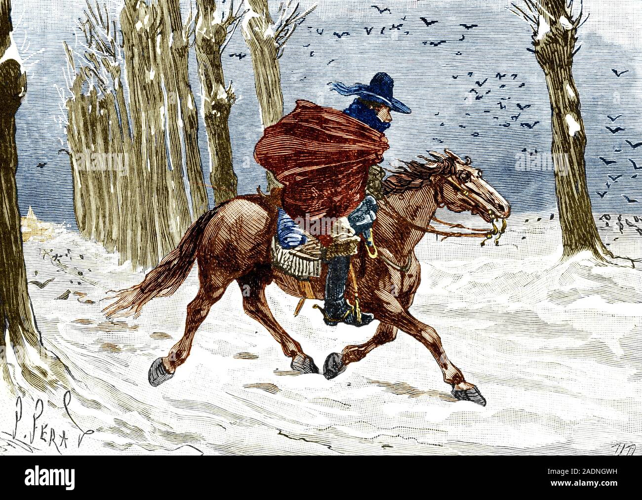 17th-century post rider on horseback. Historical artwork of a messenger ...