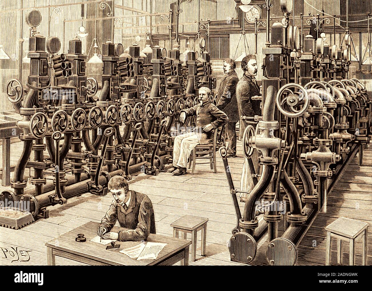 Pneumatic tubes. Historical artwork of a pneumatic messaging system at ...