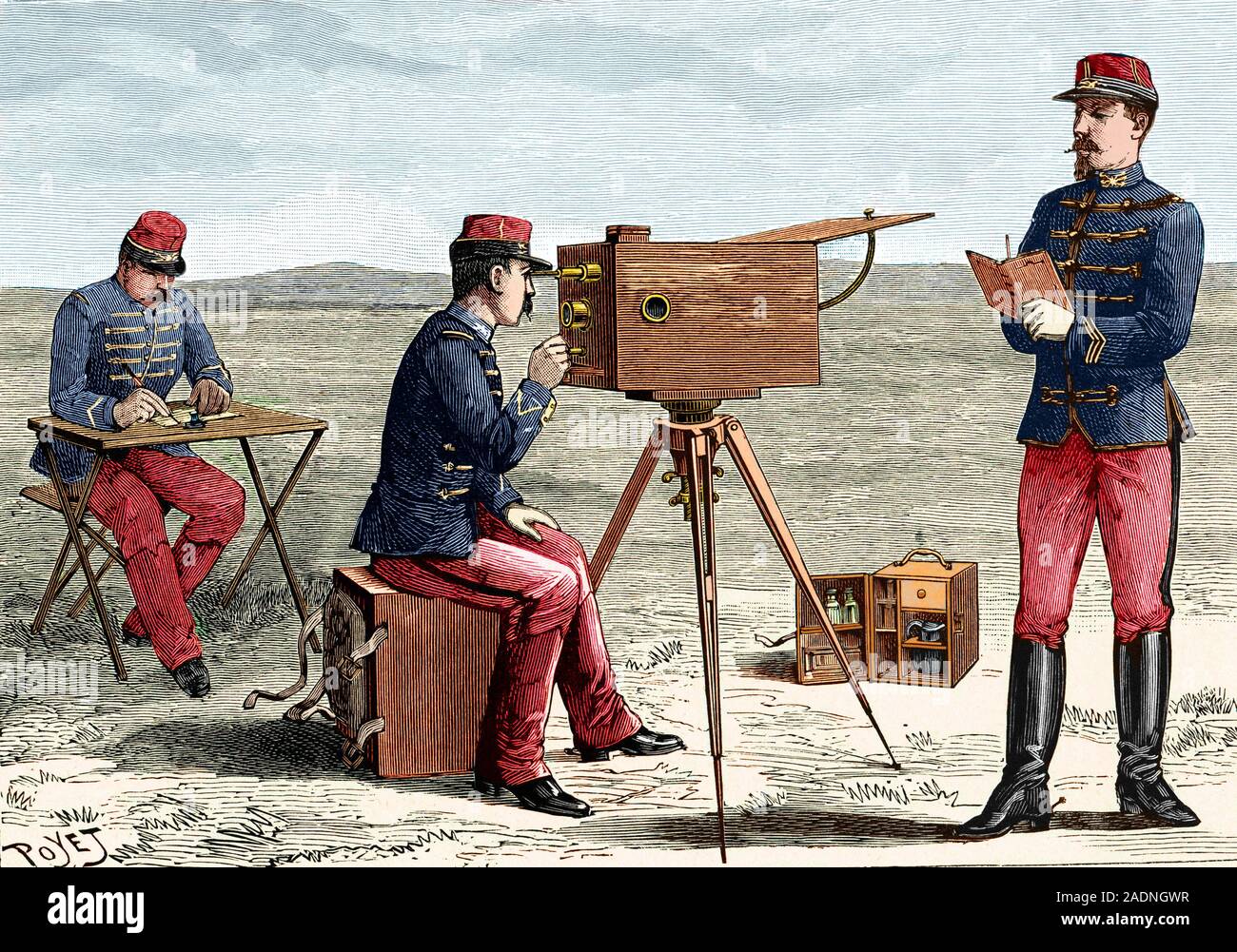 Optical telegraphy. Historical artwork of 19th century French soldiers ...