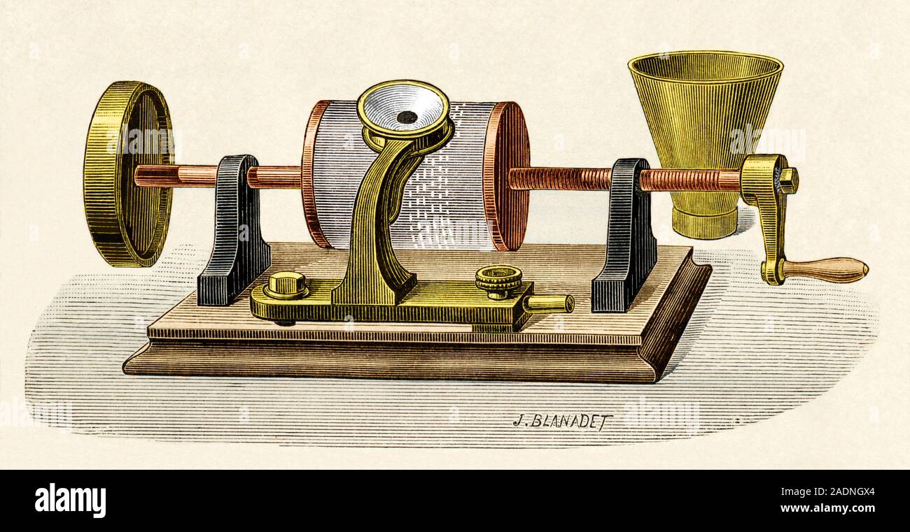 Edison's first phonograph, historical artwork. The phonograph was ...