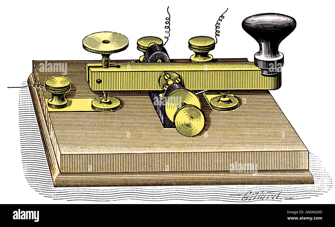 Morse telegraph key, historical artwork. This is operated by 'tapping ...